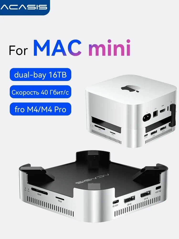 Док-станция Acasis для Mac Mini с интерфейсом USB-C 40 Гбит/с, поддержкой DisplayPort 4K/144 Гц, двумя слотами NVMe M.2 SSD и зарядкой PD 30W для Mac Mini M4/M4 Pro