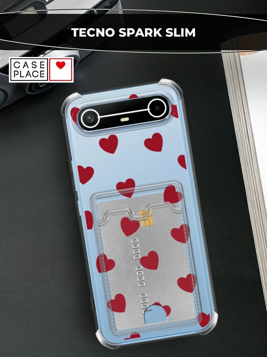 Чехол на Tecno Spark Slim (Текно Спарк Слим) с картой и принтом Бордовые сердечки паттерн
