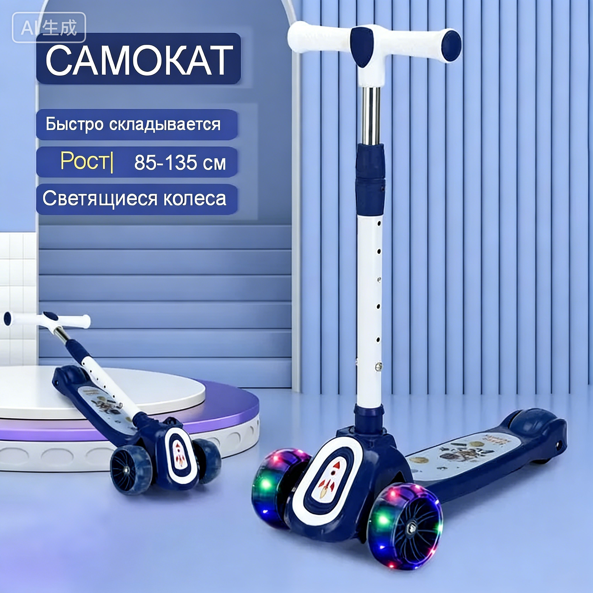 Самокат Самокат трехколесный светящийся синий широкие колеса, темно-синий