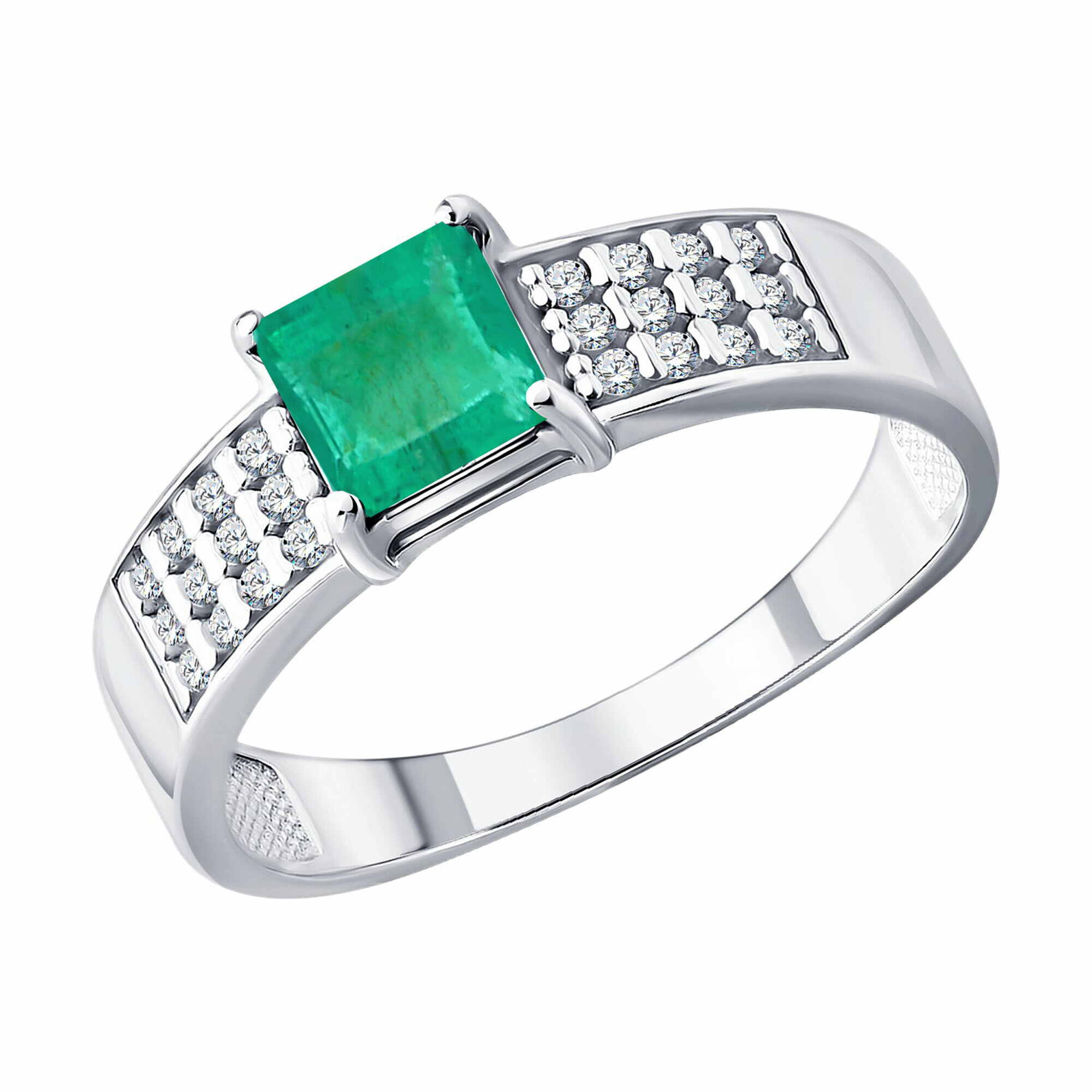 Кольцо, серебро, 925 проба, родирование, изумруд, фианит