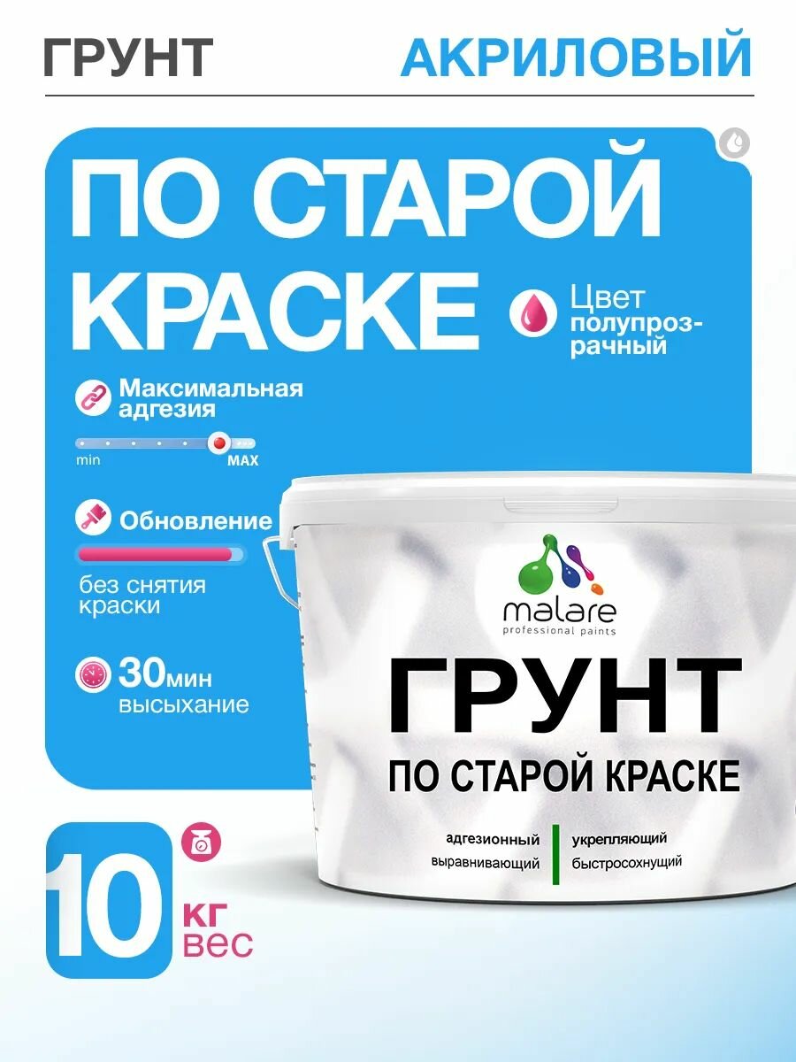 Грунт по старой краске Malare акриловый адгезионный универсальный, без запаха быстросохнущий, полупрозрачный, 10 кг.