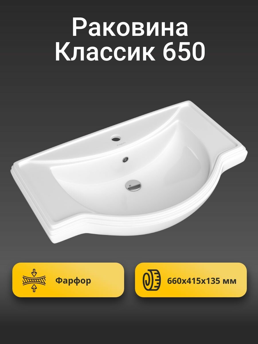 Kirovit Мебельная раковина для ванной из фарфора, Классик 650, белая