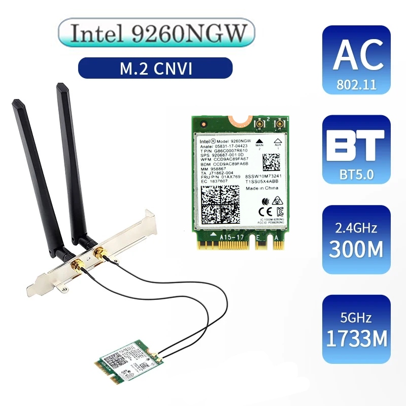 M2 Wi-Fi адаптер Intel 9260NGW с антеннами для компьютера (+Bluetooth)