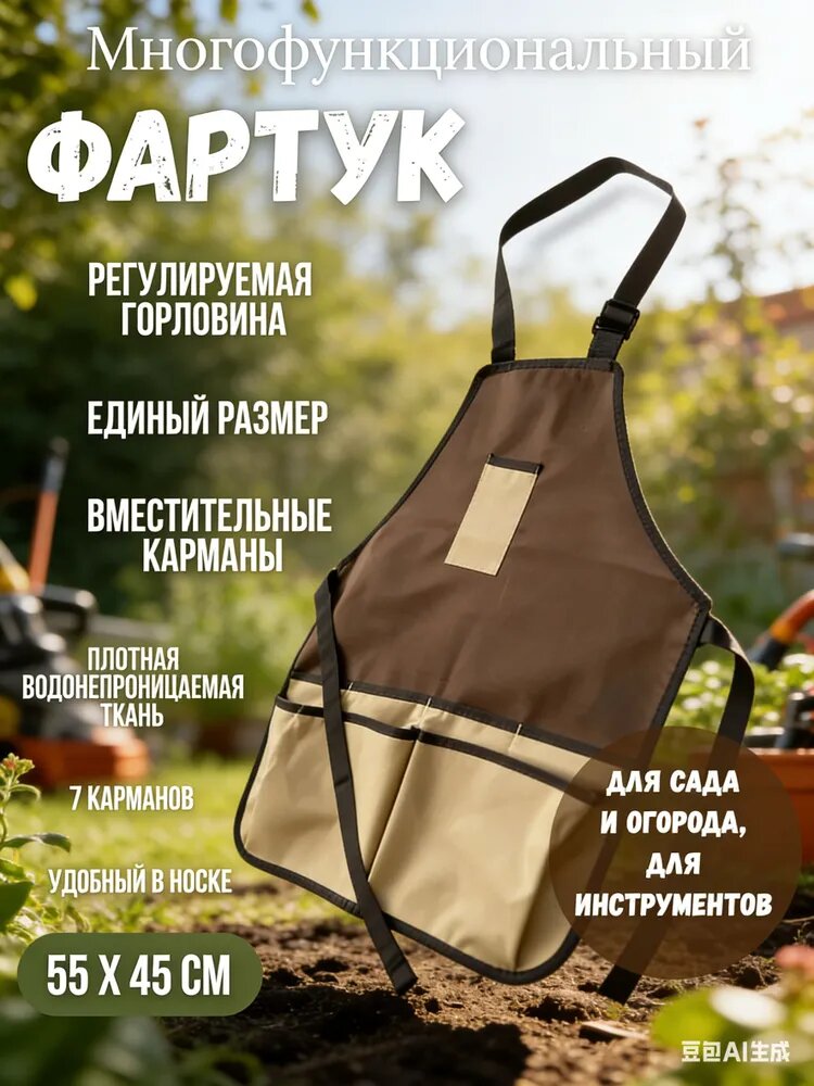 Фартук садовый с 7 карманами рабочий непромокаемый для дачи и огорода 55х45 см унисекс Oxford для инструментов и флористики
