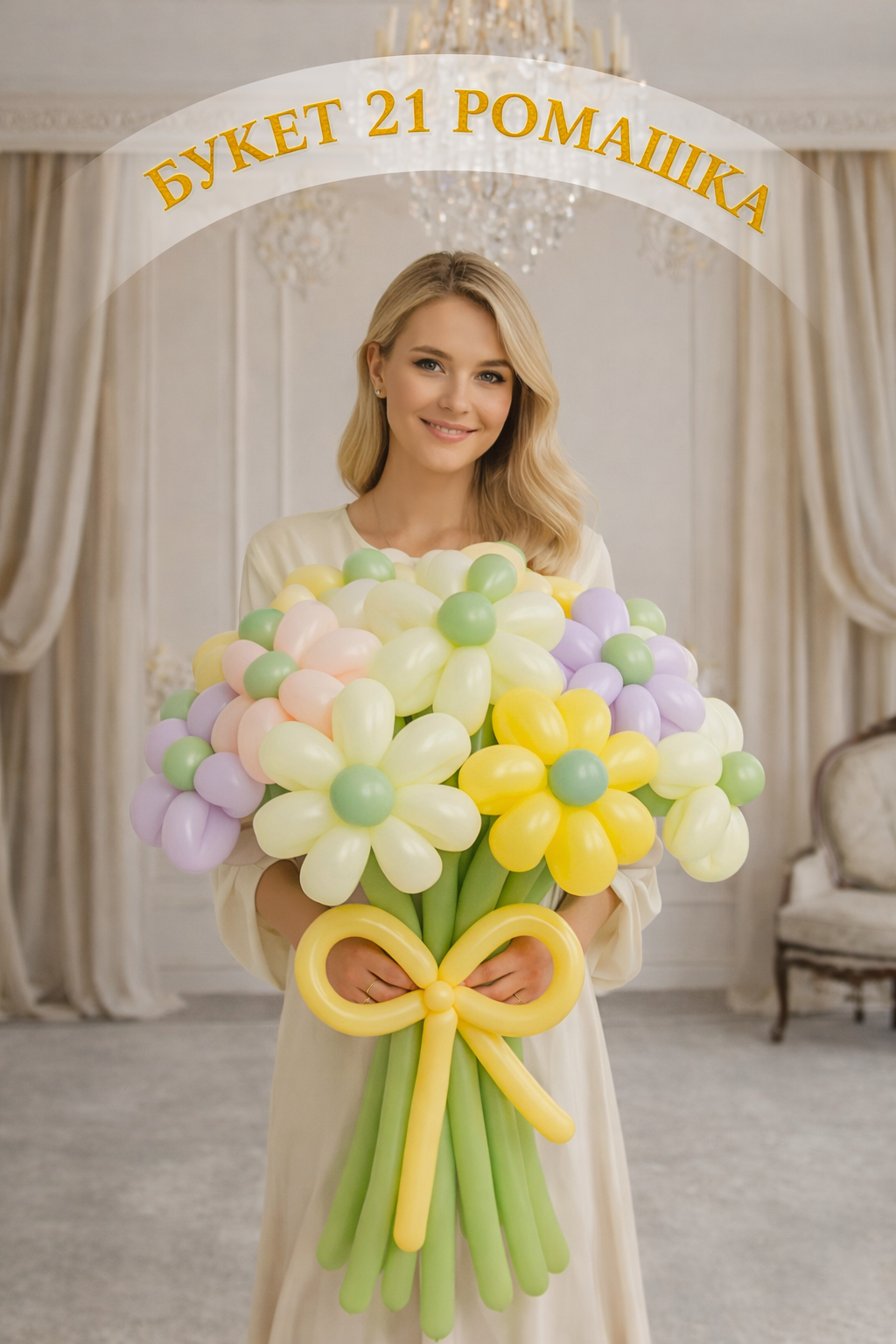 Букет из воздушных шаров - цветы ромашки из шаров, надутых воздухом, 21 шт