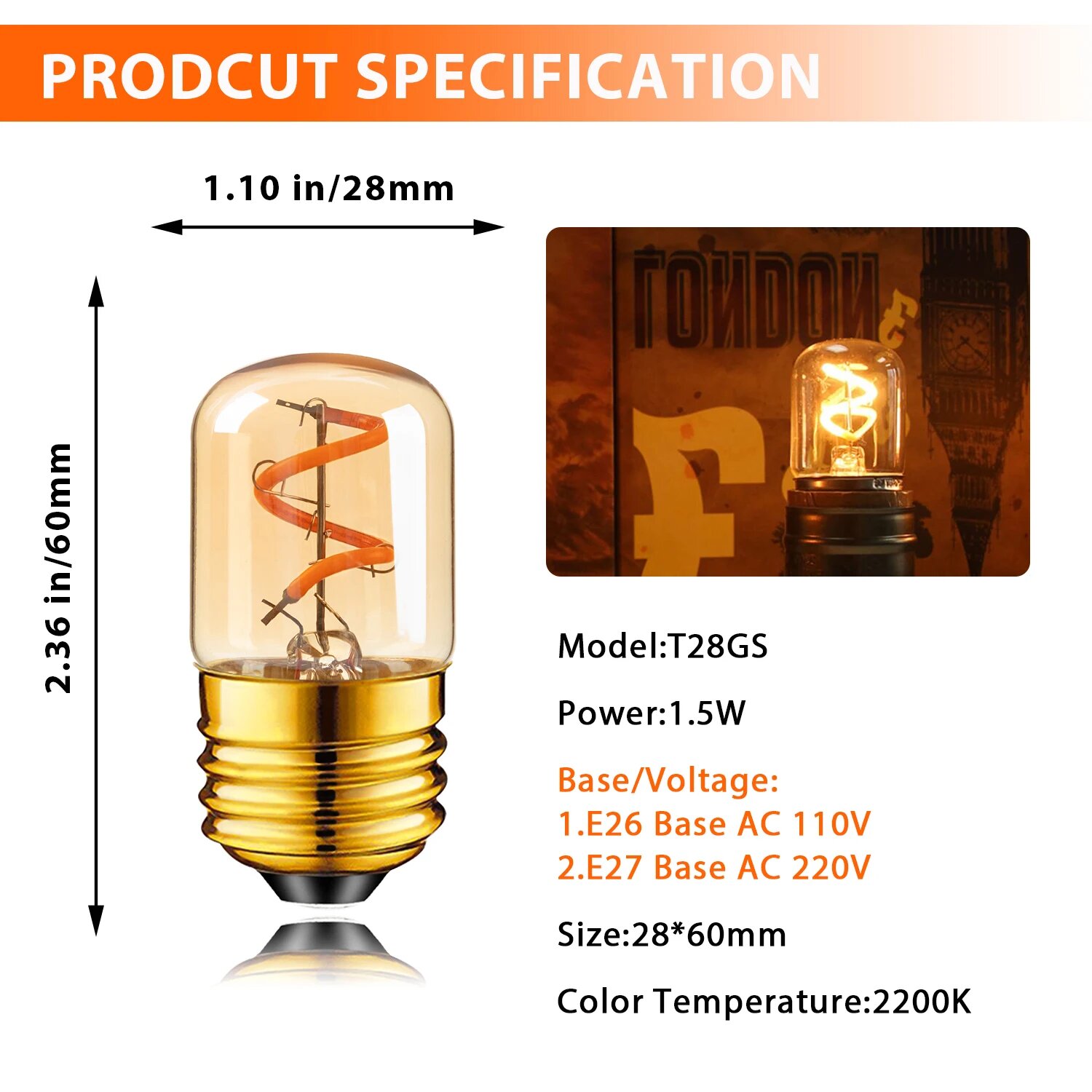 GANRILAND Светодиодные лампы E14 теплый белый 3Вт винтовая основа T28G 1.5W, 220V