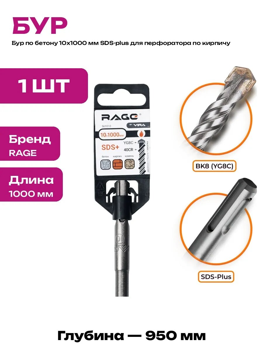 Бур по бетону 10х1000 мм SDS-plus для профессиональной дрели