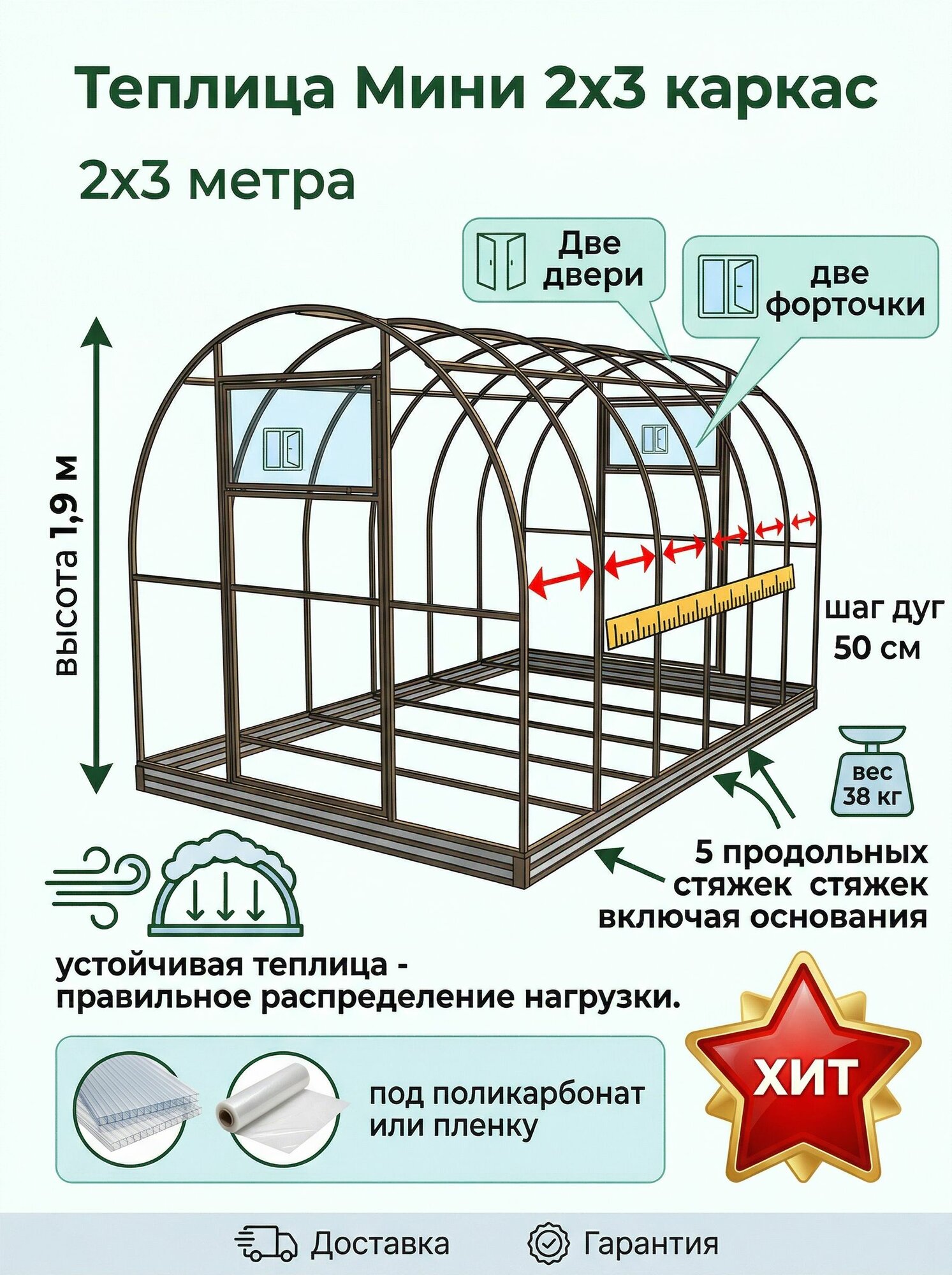 Мини Теплица 2х3 метра, оцинкованный металл, шаг дуг 0,5 м, в комплектации: только каркас