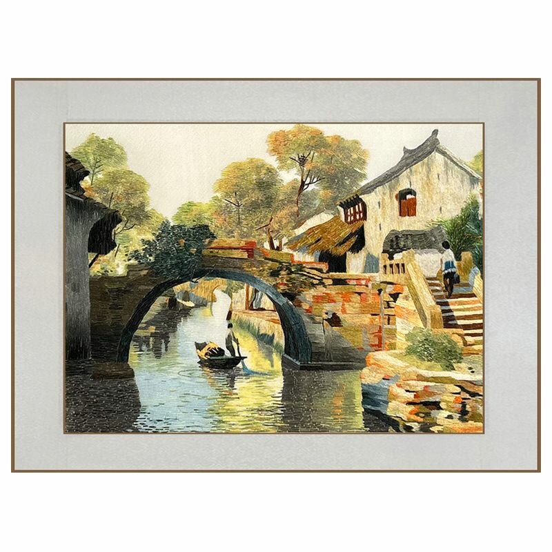 Картина ручной вышивки <Китайский мост>, шёлк, в деревянной раме