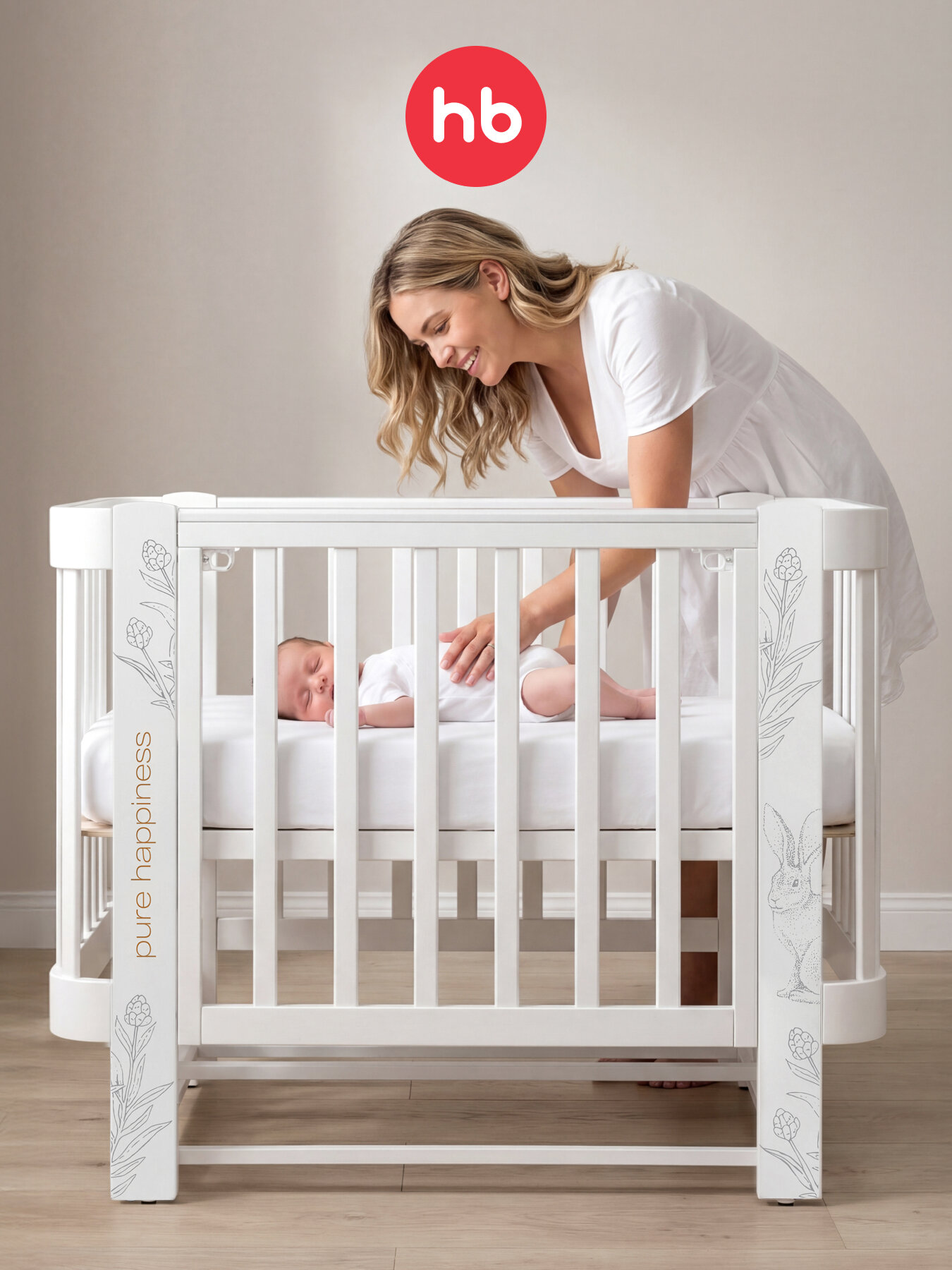 95026, Кроватка детская для новорожденных трансформер с опускающейся стенкой, Happy Baby MOMMY LOVE с расширением, белая