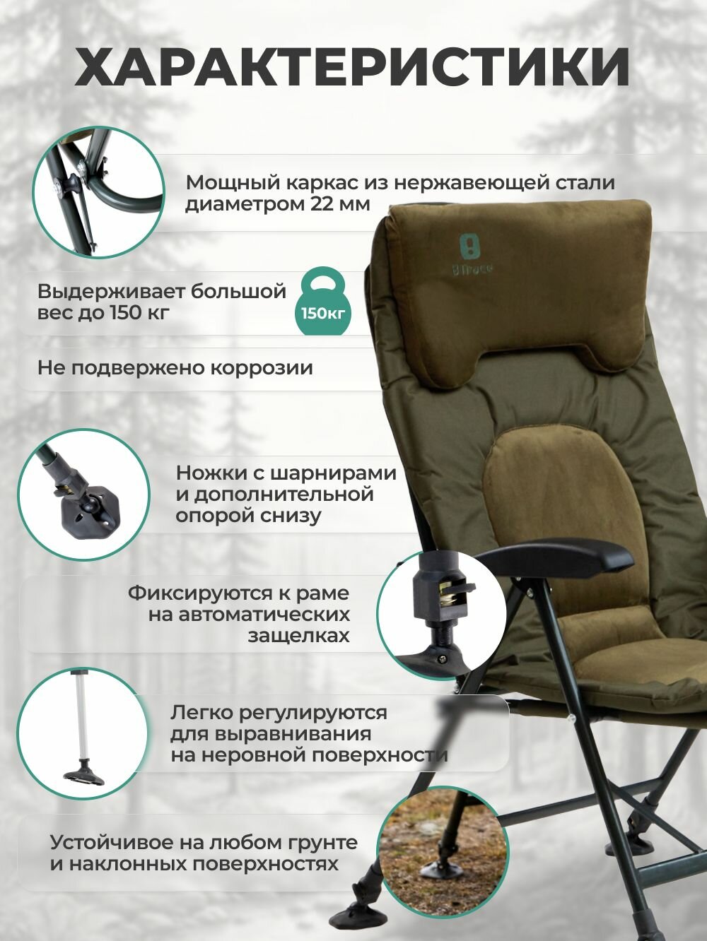 Кресло туристическое BTrace Rest, зеленый, кемпинг, стул для рыбалки, регулируемые ножки — фото 1