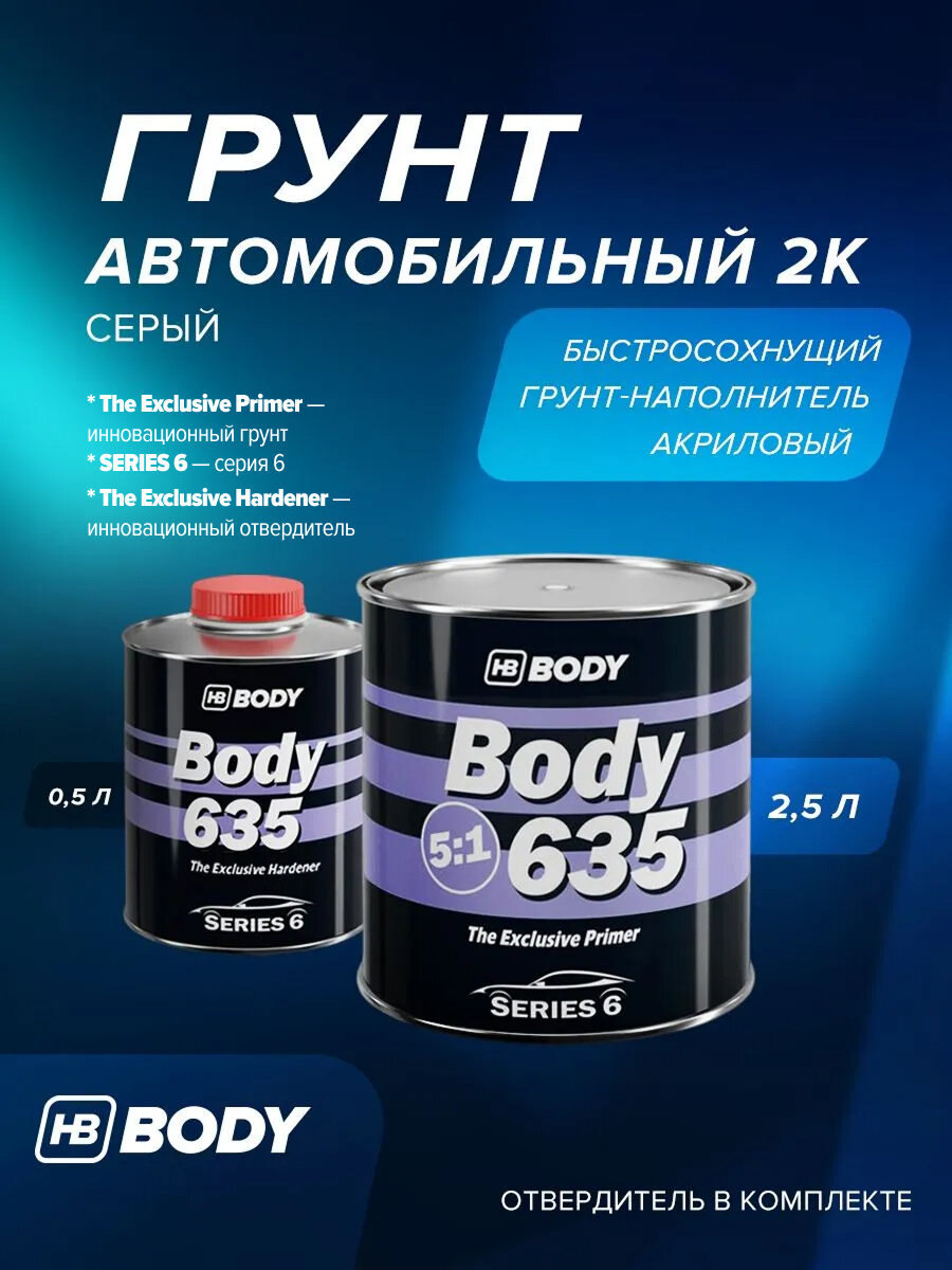 Грунтовка для автомобиля 2K 5+1 серая 2,5 л + 0,5 л отвердитель, мокрый по мокрому / HB BODY 635 / грунт акриловый