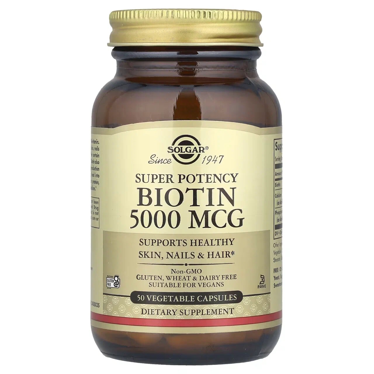 Solgar, Биотин 5000 мкг, для волос, ногтей и кожи, 50 вегетарианских капсул, США