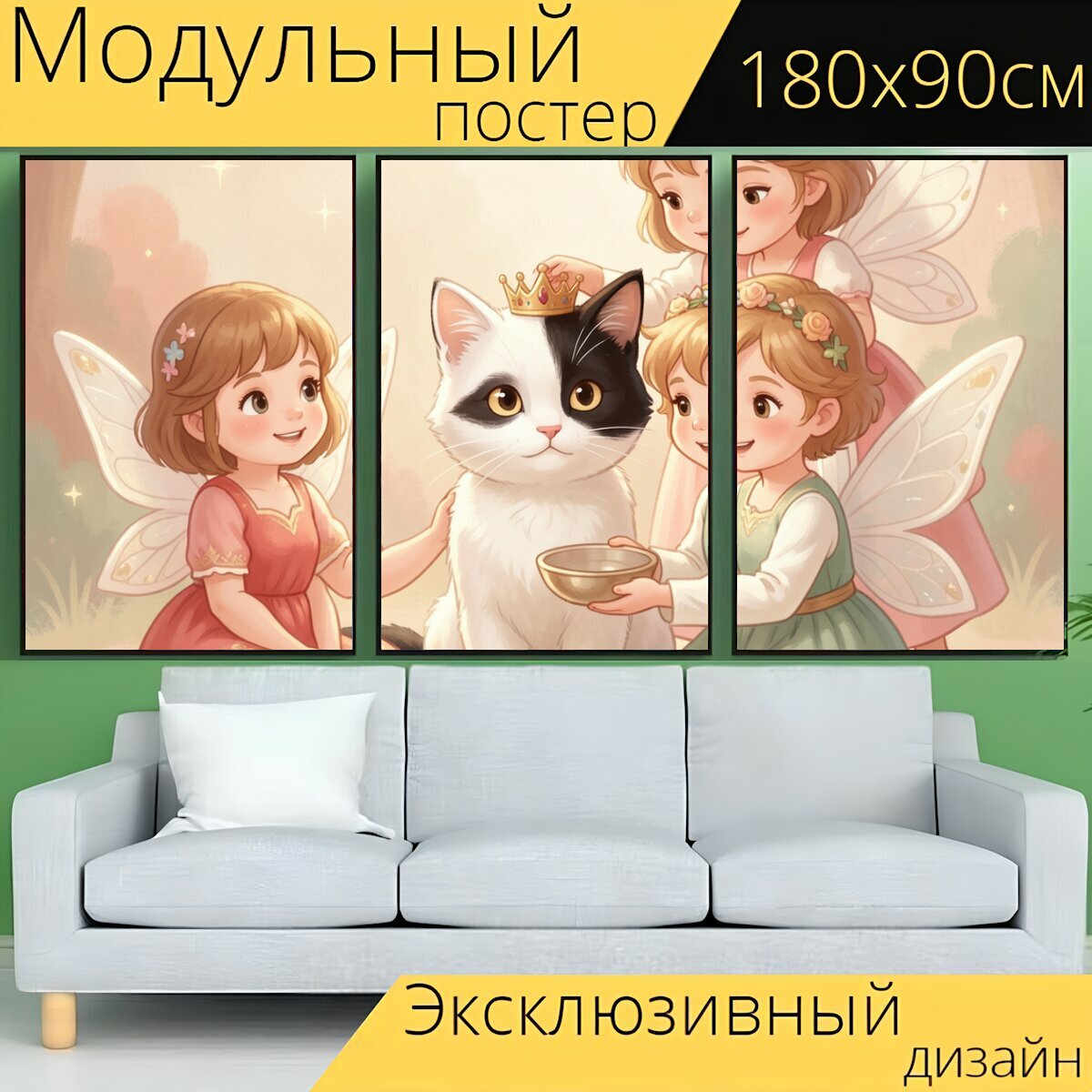 Модульный постер "Феи с котенком в лесу. Нежная сказочная сцена в мягких пастельных тонах: три маленькие феи с прозрачными крыльями." 180 x 90 см. для интерьера на стену в тубусе
