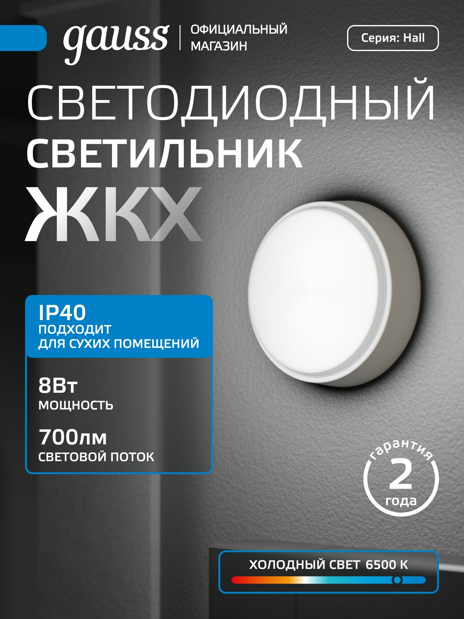 Светодиодный светильник 8W 6500K ЖКХ круг Gauss HALL