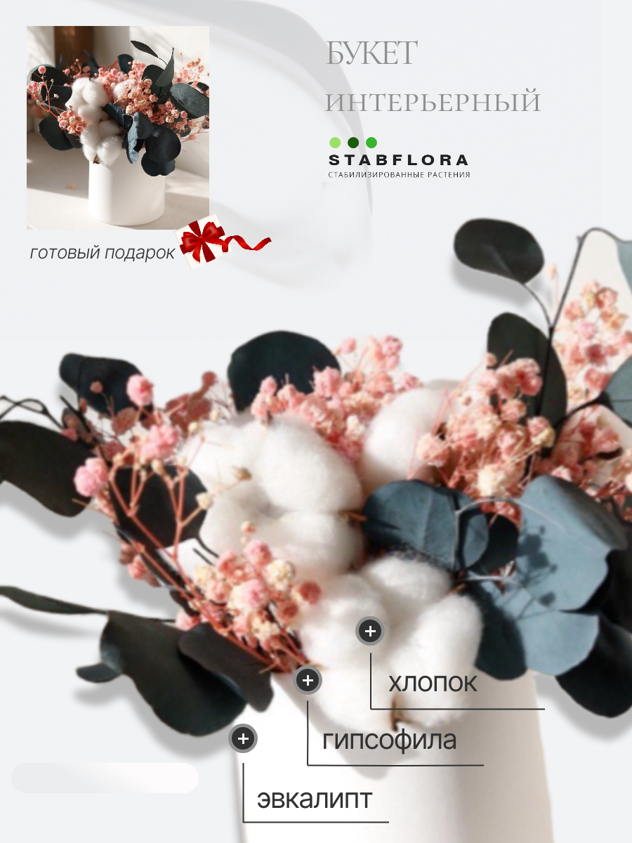 Букет StabFlora, с хлопком, стабилизированные эвкалипт и гипсофила, в коробке