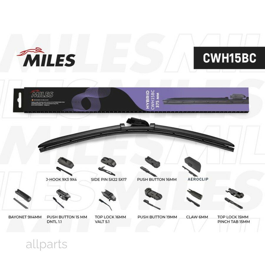 MILES CWH15BC Щетка с/о 375 мм (15") гибридная (10 адаптеров)