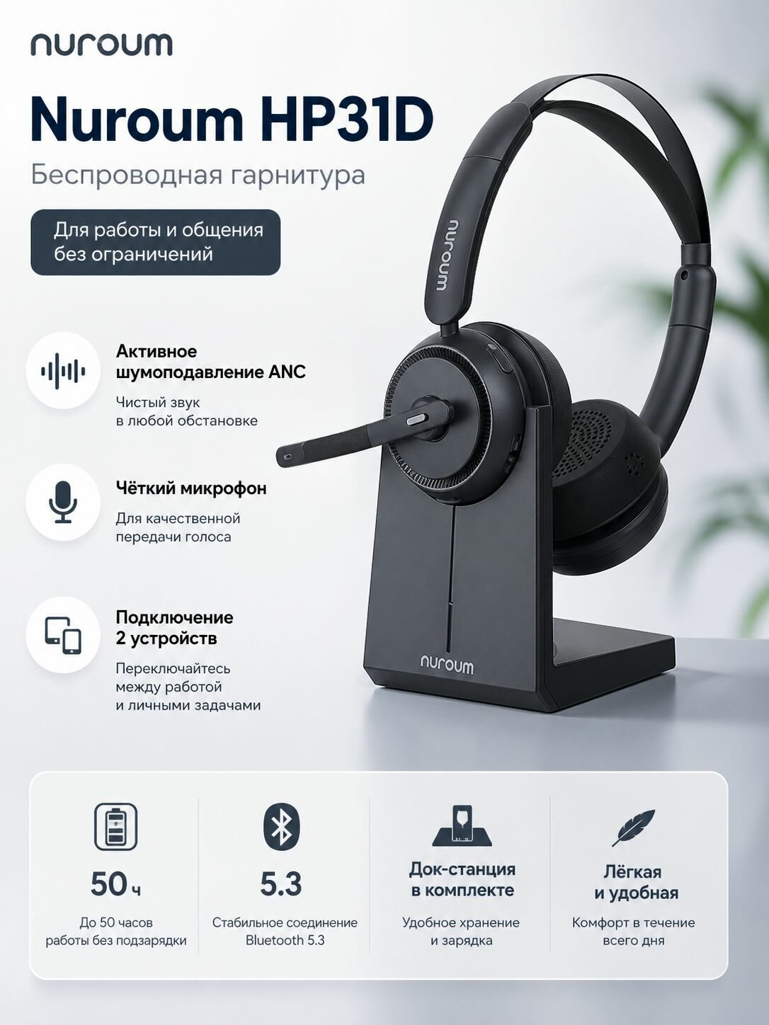 Беспроводные наушники Nuroum (Нуроум) HP31D, ANC, гарнитура, микрофон, 50 ч работы, Bluetooth 5.3, подключение 2 устро