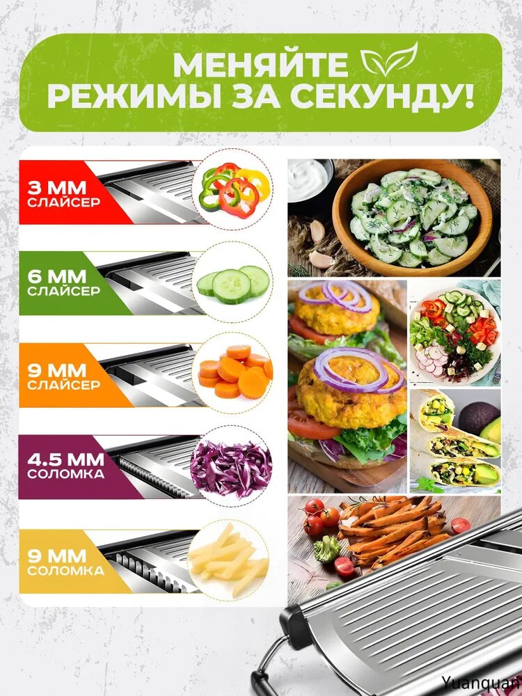 Фрукто-овощерезка мандолина многофункциональная с защитным держателем и регулировкой толщины нарезки — фото 1
