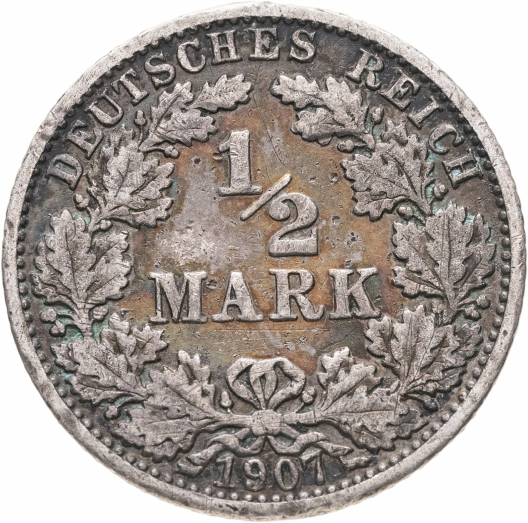 Германия 1/2 марки 1907, знак монетного двора: "А" - Берлин, Серебро 900, в сохранности VF