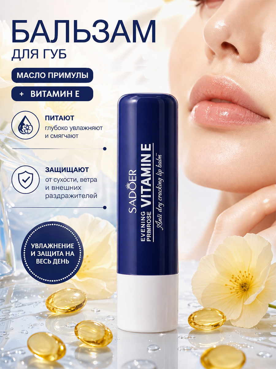 Sadoer Бальзам для губ с примулой вечерней и витамином Е Evening Primrose Vitamin E Lip Balm, 3,4 г