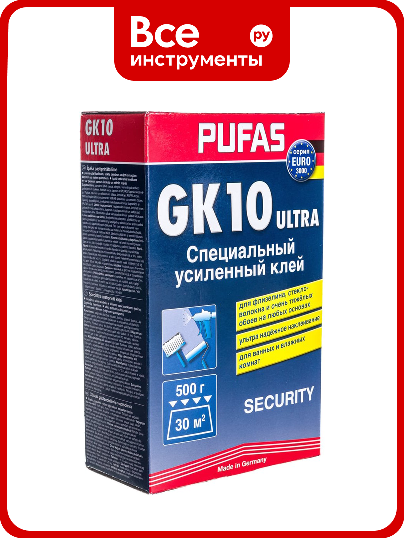 Обойный клей PUFAS SECURITY GK10 усиленный, белый, для стеклообоев и флизелиновых обоев, наносится на стену