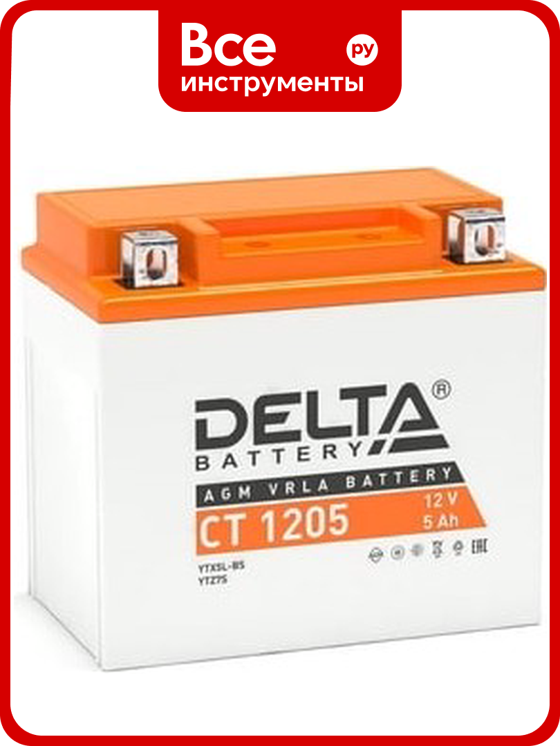Аккумулятор Delta CT 1205, для мототехники, AGM, обратная полярность, 12В, 5Ач