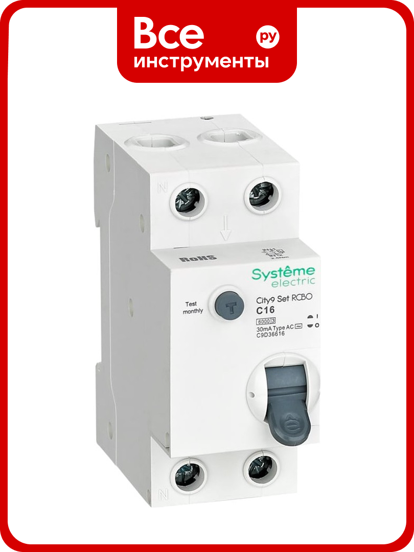 Автоматический выключатель дифференциального тока (авдт) Systeme Electric City9 set 1p+n с 16а 6ka 30ма тип-aс 230в C9D36616