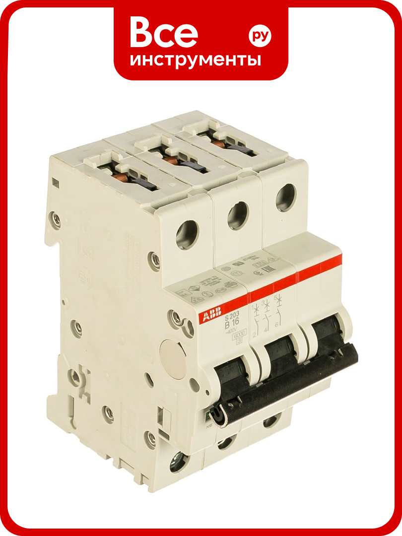 Автоматический выключатель ABB S203 3P 16А 6kA 2CDS253001R0165 модульный тип B, корпус серый, монтаж DIN-рейка