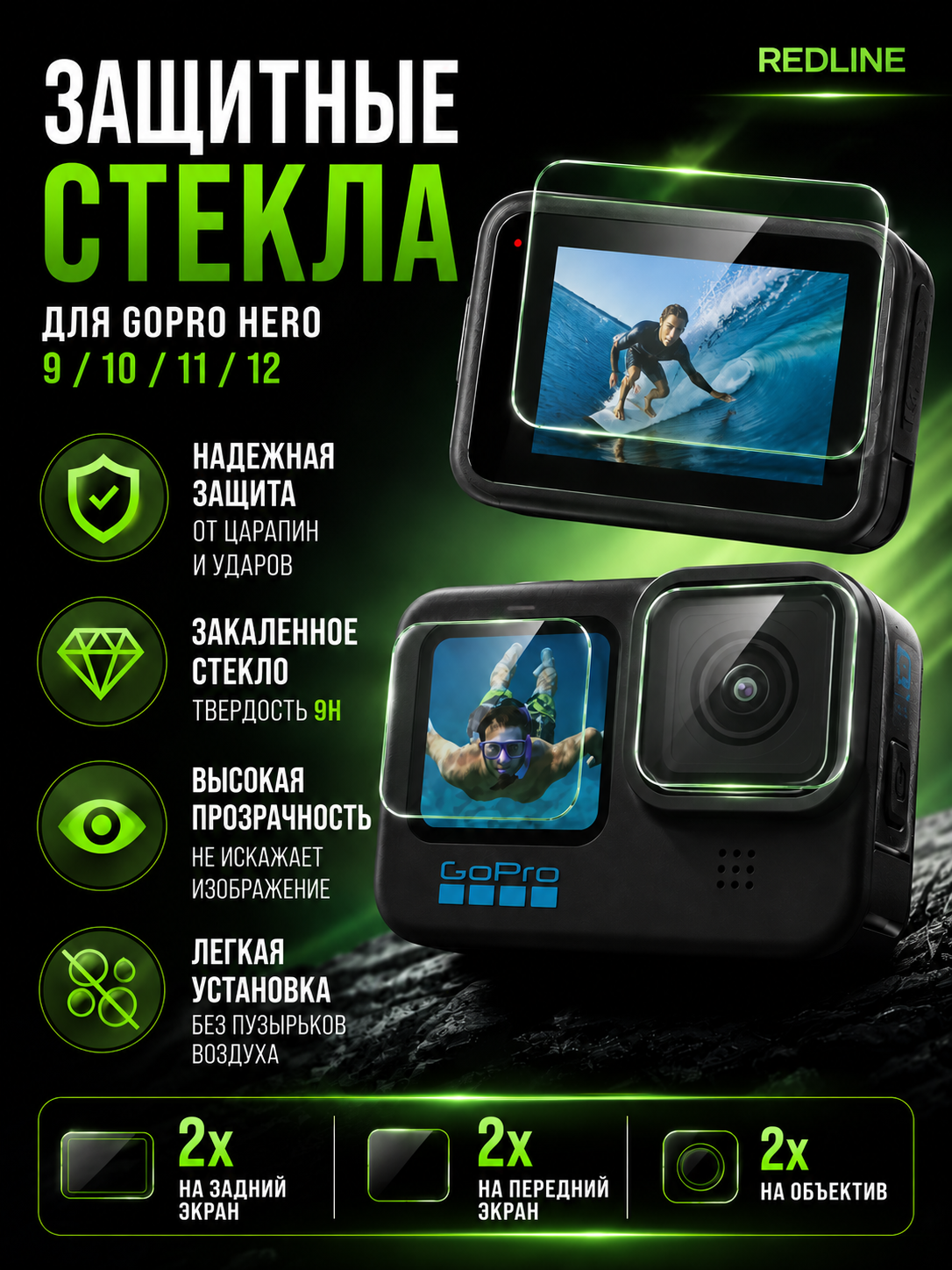 Набор стёкол Redline для GoPro Hero 12/11/10/9 (6шт, закаленное), RL614