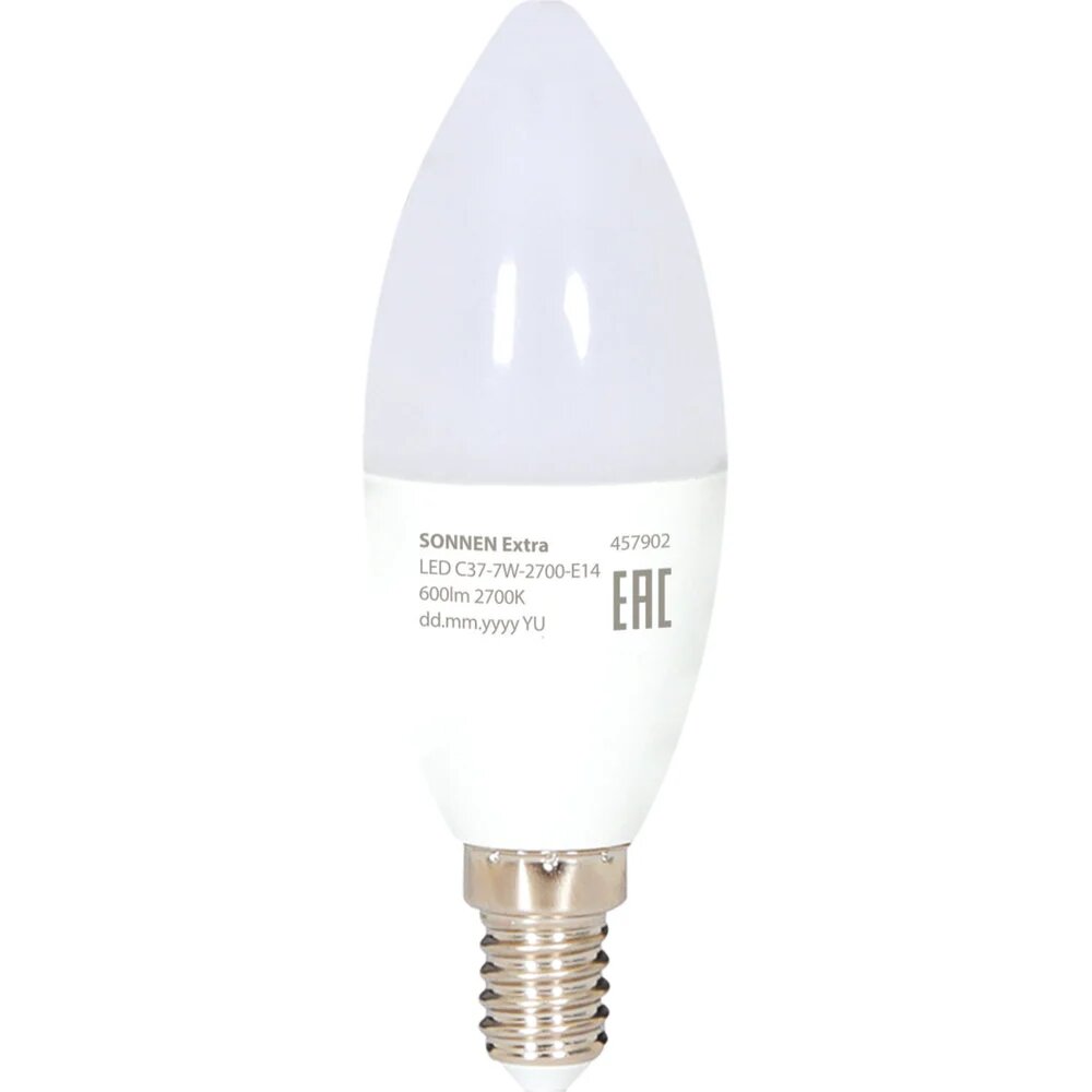Лампа светодиодная SONNEN EXTRA 7 (60) Вт Е14 свеча теплый белый LED C37-7W-2700-Е14, 457902