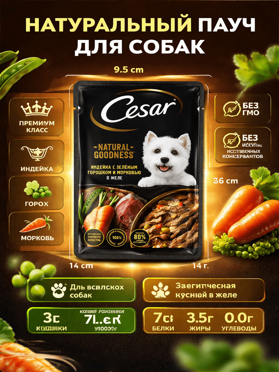 Корм влажный Cesar для собак индейка-горох-морковь в желе, 80г x 2 упаковки
