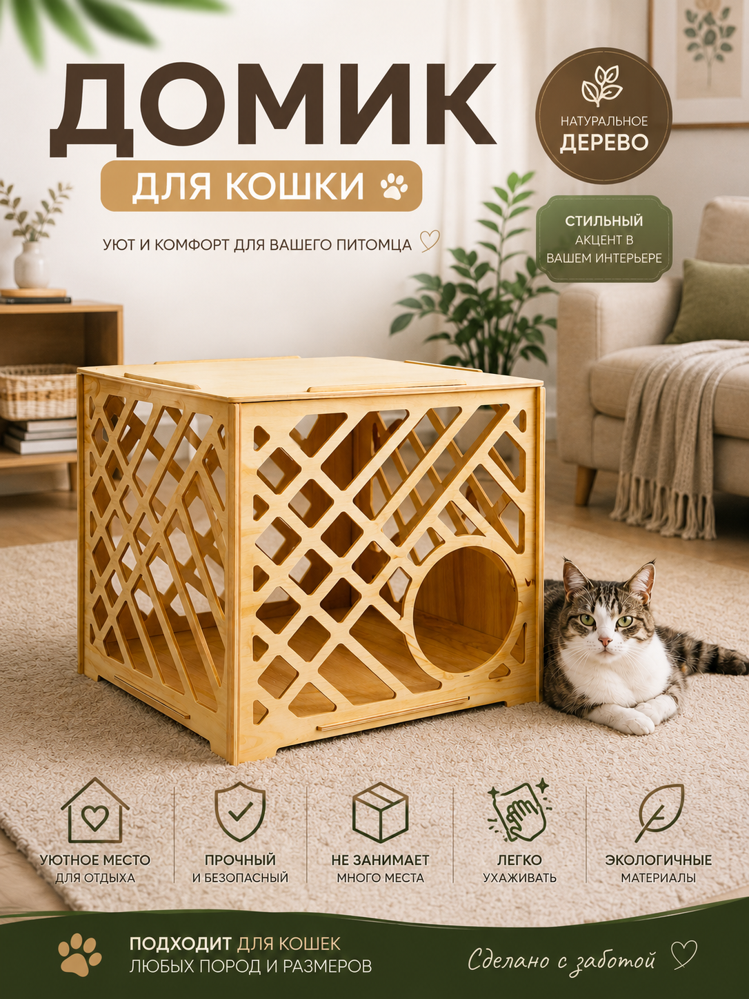 Разборный деревянный домик для кошек 50×50×50 см, удобное место для отдыха, стильный дизайн для интерьера дома