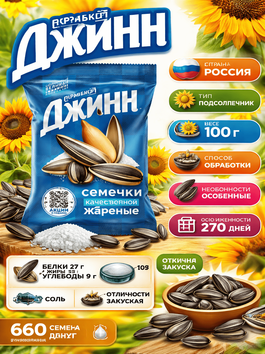 Семечки подсолнечника Джинн Солнечный великан жареные соленые, 100г