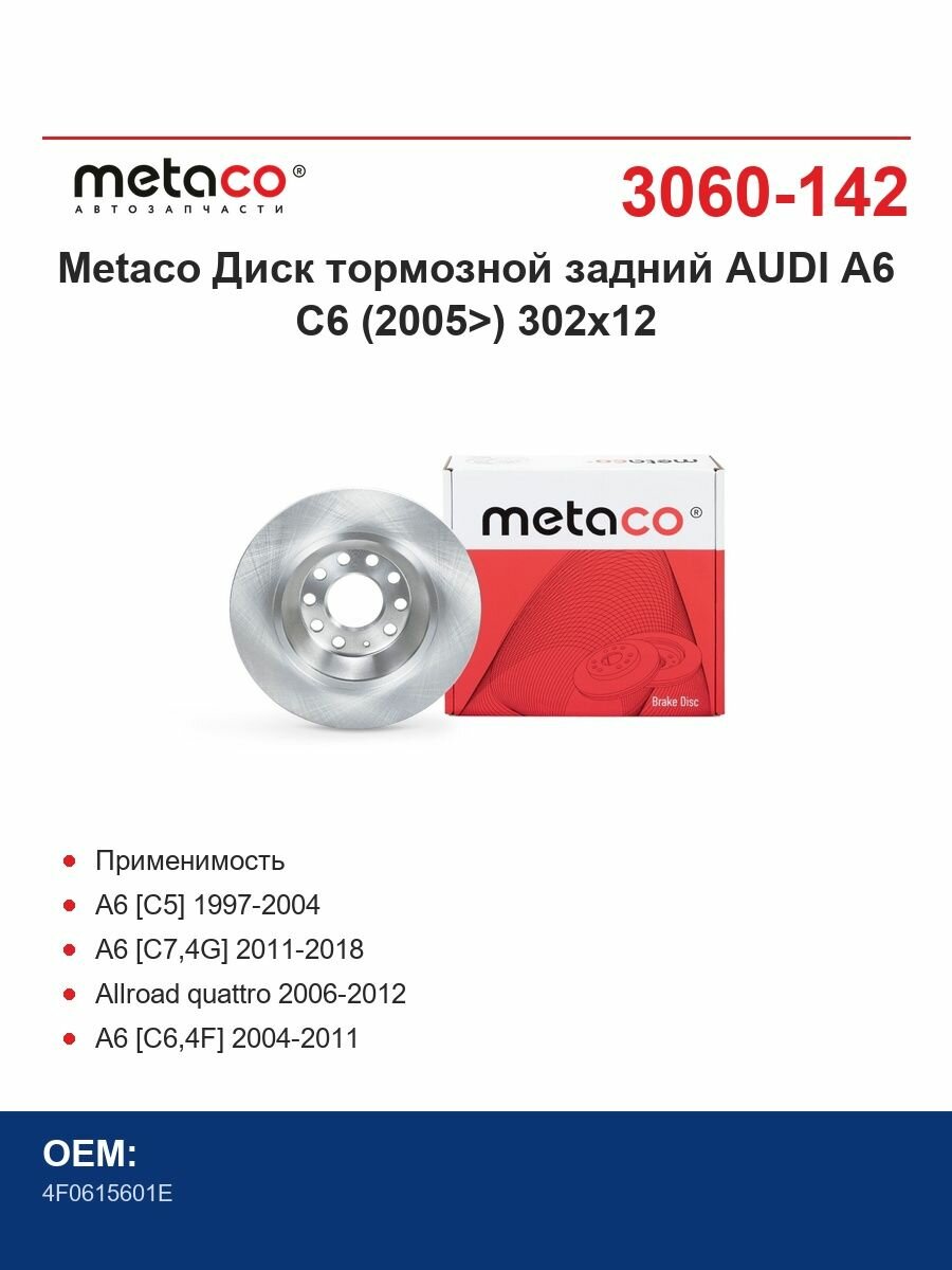 Metaco Диски тормозные задний AUDI A6 C6 (2005>) 302x12