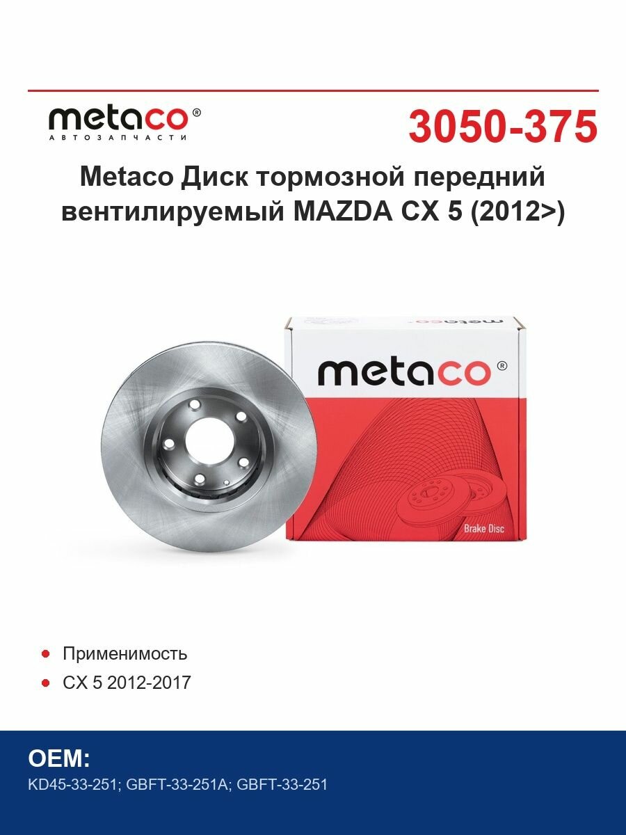 Metaco Диск тормозной передний вентилируемый MAZDA CX 5 (2012>)