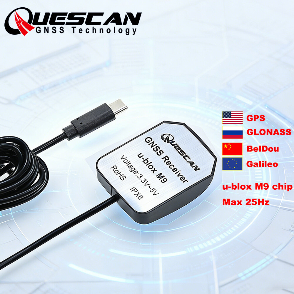 QUESCAN Windows Android u-blox M9 USB type-c GPS ГЛОНАСС Galileo Антенный приемник, USB-C GNSS NMEA ublox 9 neo-m9n 1-25 Гц RTCM UBX NMEA0183 UBX-M9140-KA