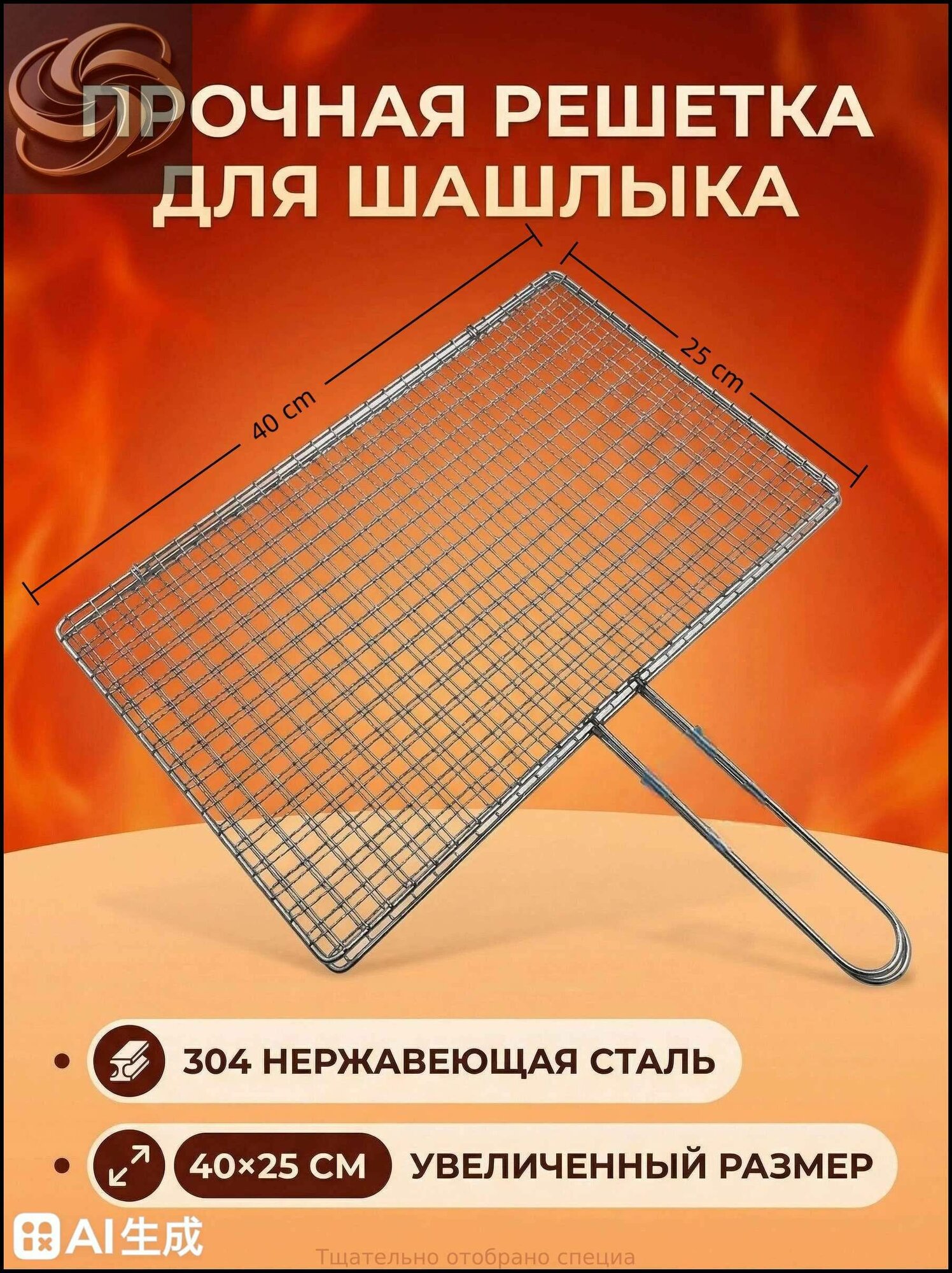 Решетка-гриль Нержавеющая сталь, длина 40 см, ширина 25 см,