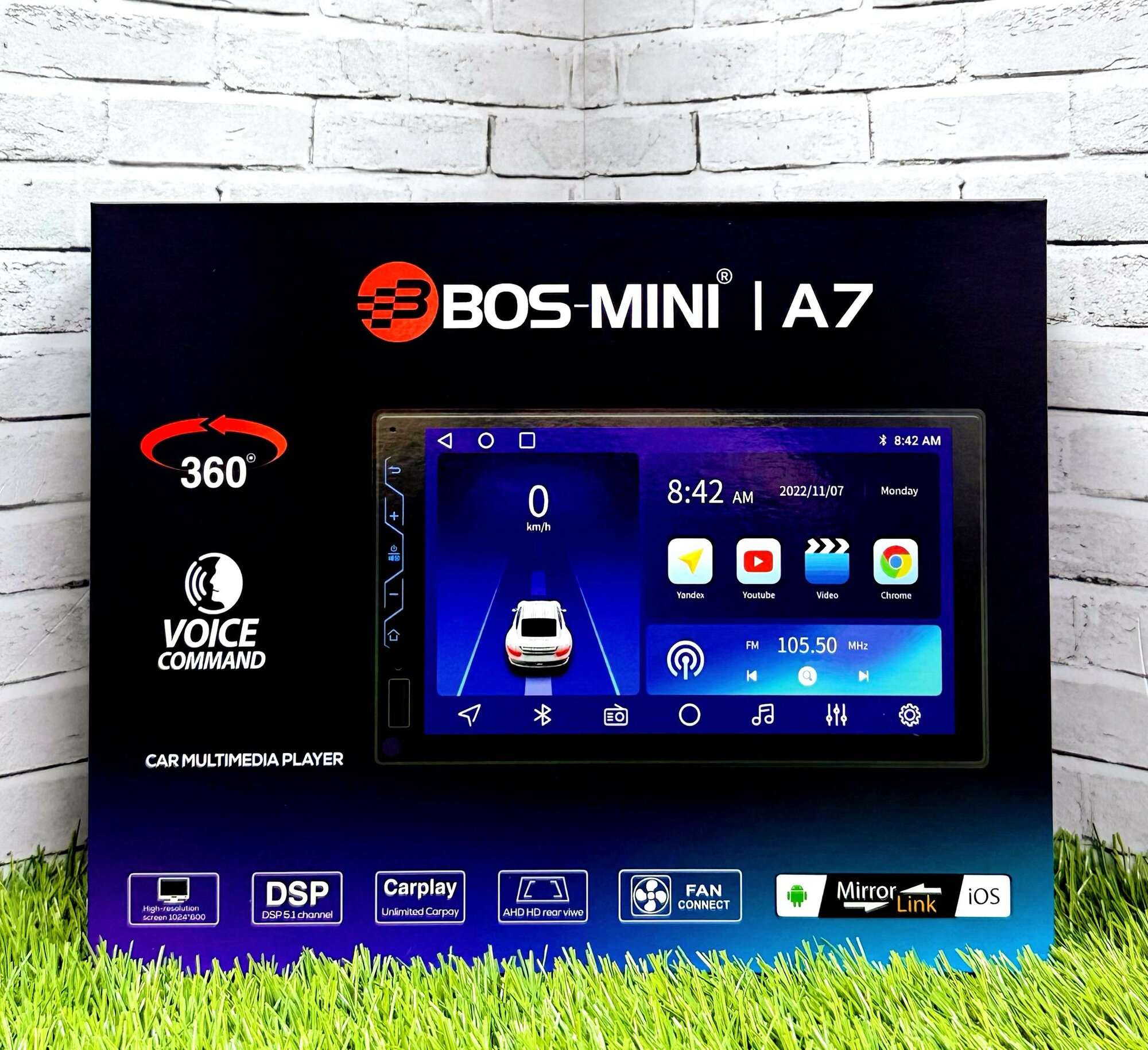 Магнитола 2 din (7" дюймов) Android BOS MINI A7, 4/64, CarPlay, поддержка 360, GPS/Wi-Fi/DSP/RDS/USB/Голосовое управление