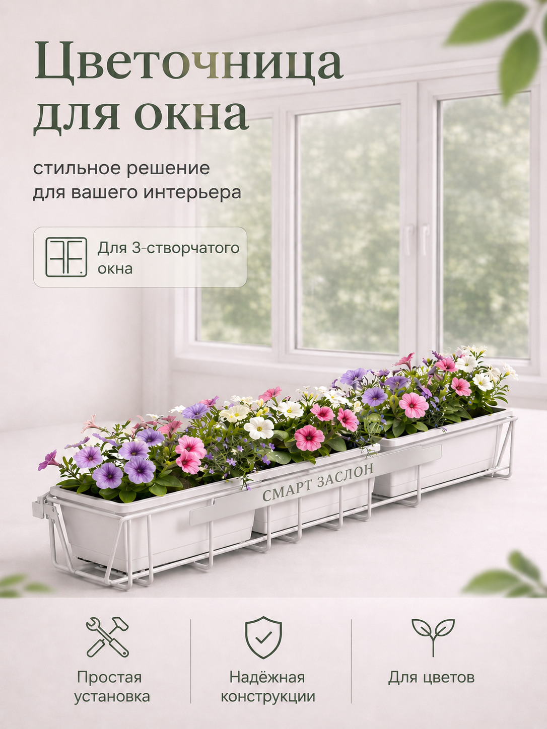 Цветочница оконная SMART-ZASLON, раздвижная, на 3 створки окна