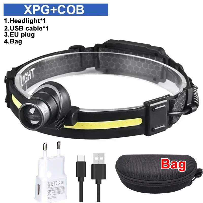 Налобный фонарь XPG+COB, черный, комплект