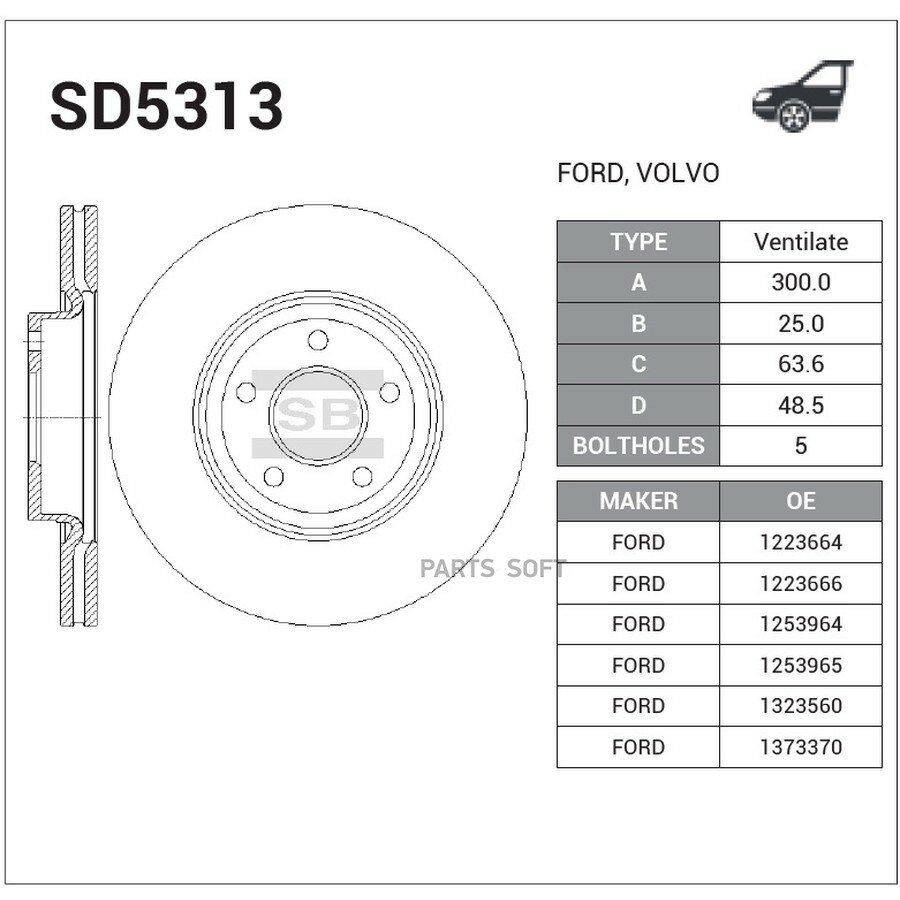SANGSIN BRAKE SD5313 Диск тормозной FORD FOCUS II/III 04-/VOLVO S40/V50 04-передний вент. D 300мм. SD5313