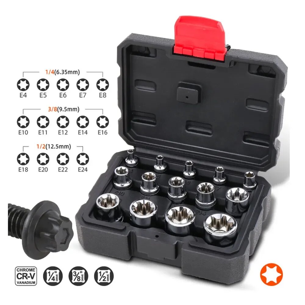 Набор торцевых головок E-TORX Star 14 шт, E4-E24, 1/4", 3/8", 1/2"