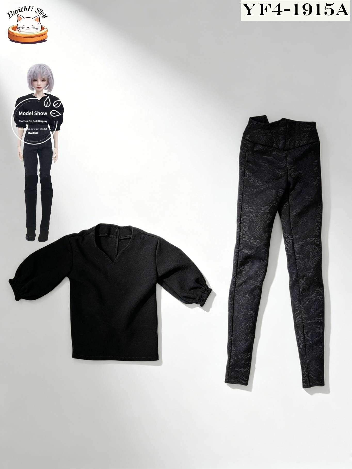 BwithUSky YF4-1915A for 1/4 BJD Alain Комплект для БЖД: черный топ с пышными рукавами и узорные брюки