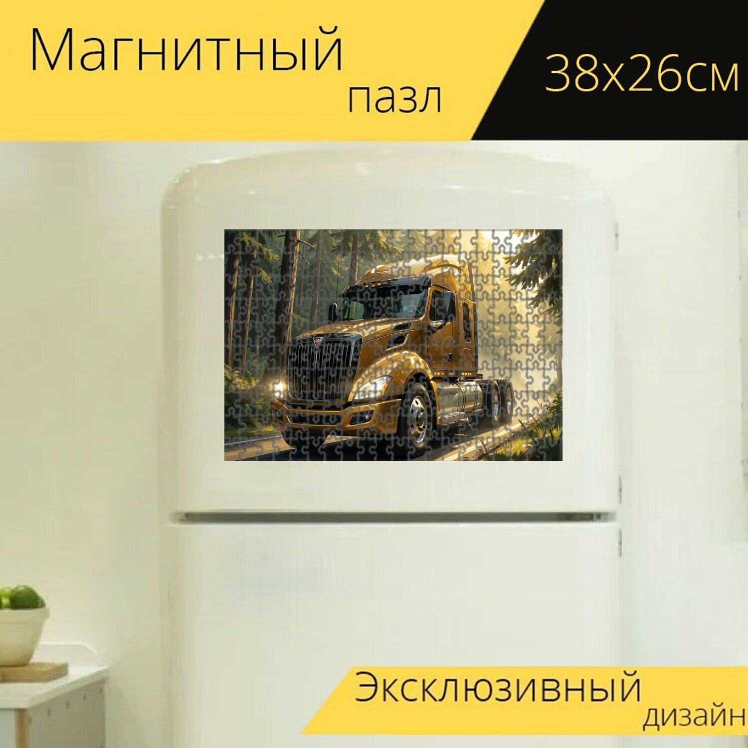 Магнитный пазл "Золотой грузовик в лесу. Блестящий магистральный тягач мчится по извилистой дороге среди хвойного массива, тёплые лучи солнца, лёгкая пыль в." для интерьера, 38х26 см.