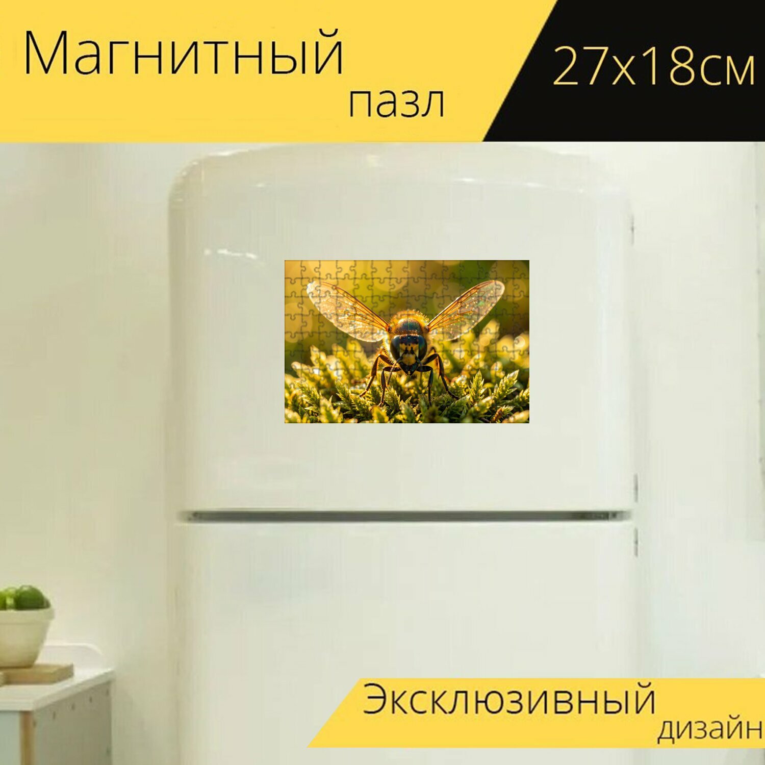Магнитный пазл "Полосатое насекомое в лучах солнца. Макросъёмка с прозрачными крылышками на зелёной растительности, золотистое свечение, мягкое боке и." на холодильник 27 x 18 см.