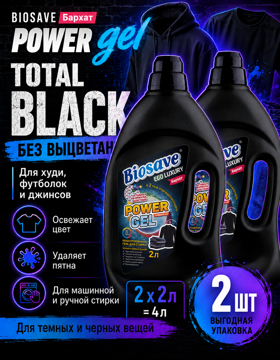 Средство для стирки BIOSAVE Бархат для черных вещей 2 л