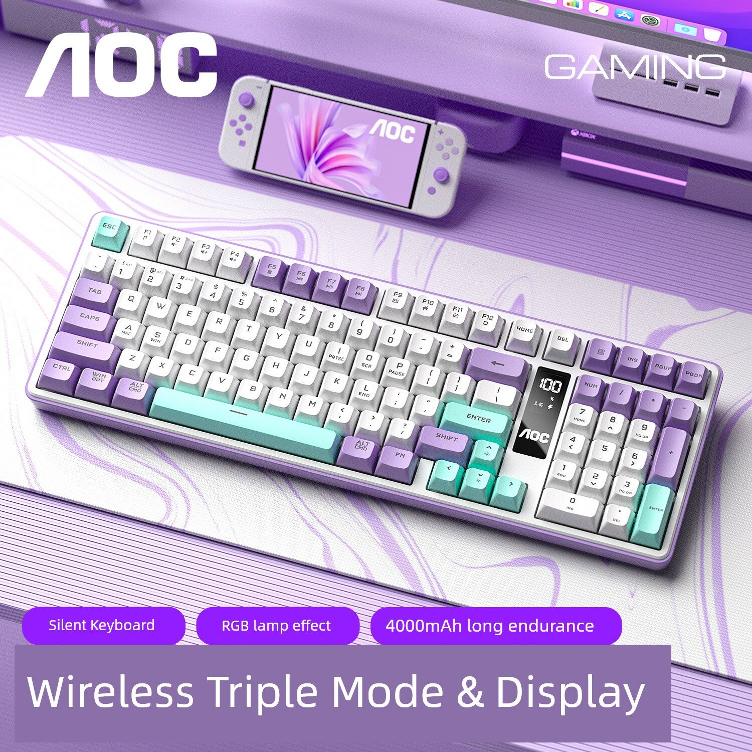AOC-GK320 Механическая клавиатура мышь наушники Комплект 99 клавиш RGB подсветка беспроводная игровая для ПК ноутбука