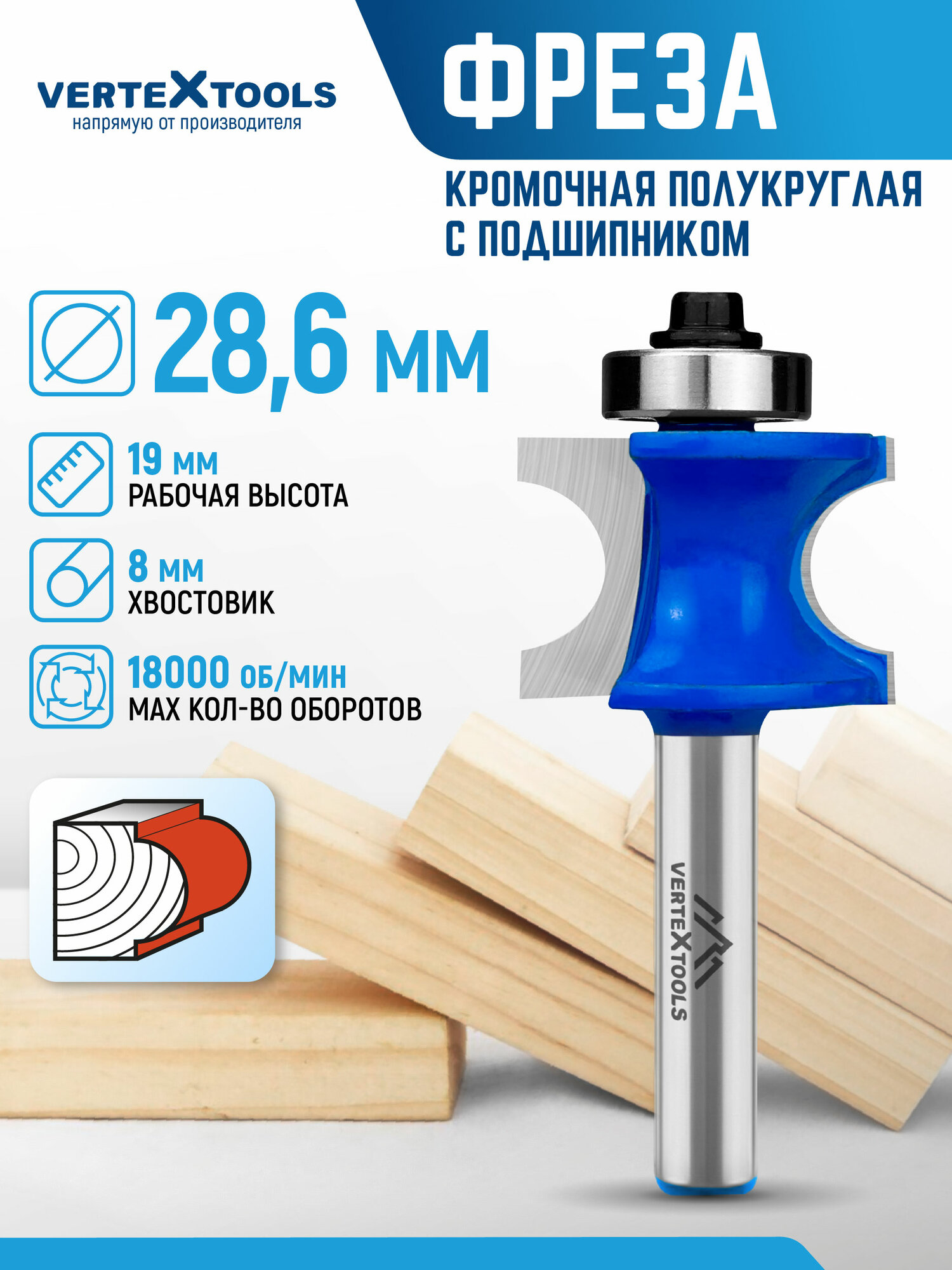 Фреза кромочная полукруглая VertexTools с подшипником, Ø 28,6 мм. / 8 мм. хвостовик