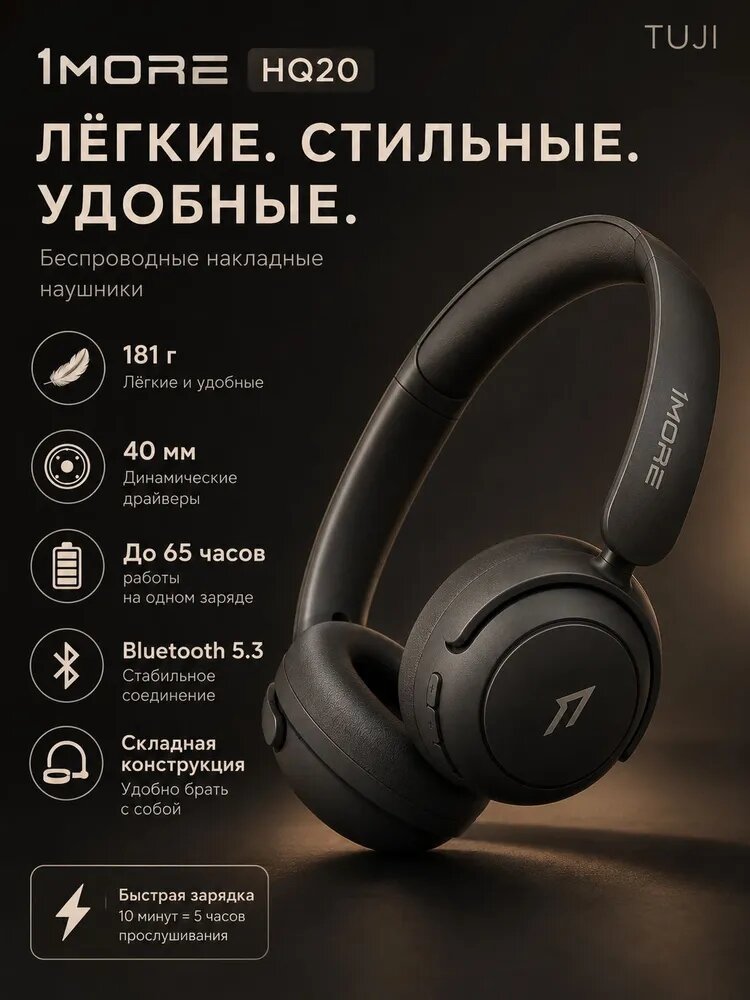 1MORE Наушники беспроводные с микрофоном 1MORE HQ20 накладные Bluetooth-наушники для телефона и компьютера, складные, лёгкие 181 г, два устройства, микрофон, Bluetooth, черный
